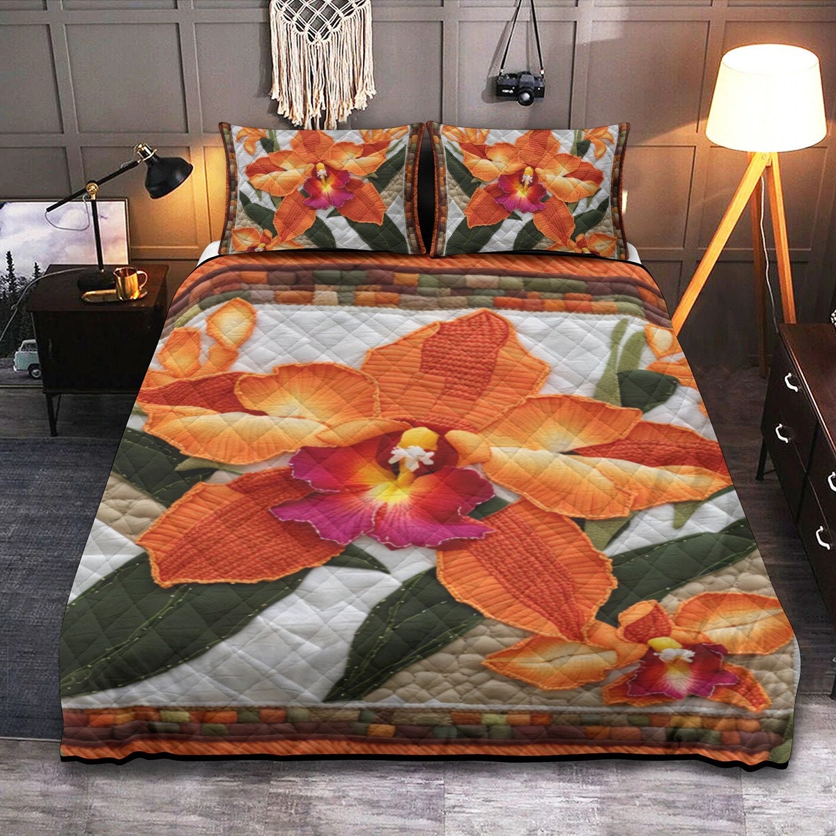 Orchid Print Quilt Set Orange and Pink Cattleya Bedspread and ...