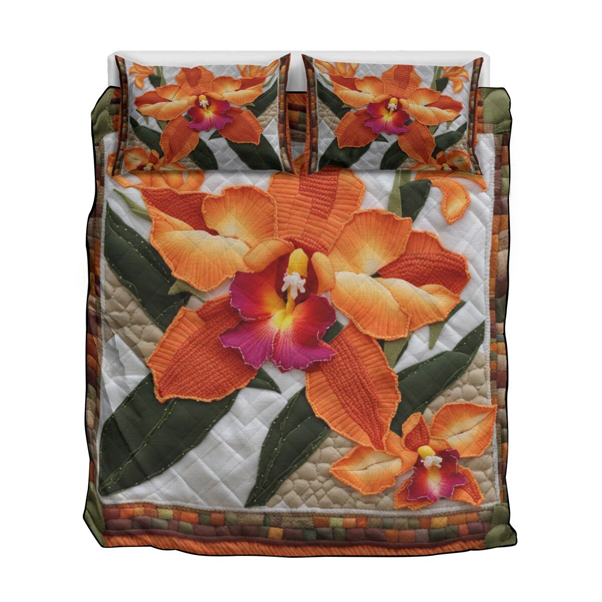 Orchid Print Quilt Set Orange and Pink Cattleya Bedspread and ...