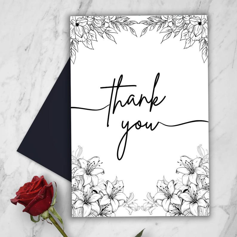 Black White Floral Wedding Thank You Card, Minimalist Lily Botanical ...