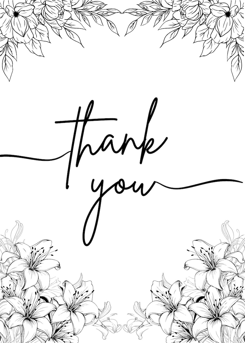 Black White Floral Wedding Thank You Card, Minimalist Lily Botanical ...