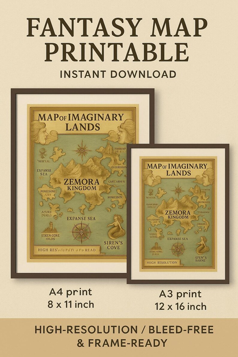 Vintage Fantasy Map – Zemora Kingdom Printable Wall Art, RPG Adventure ...