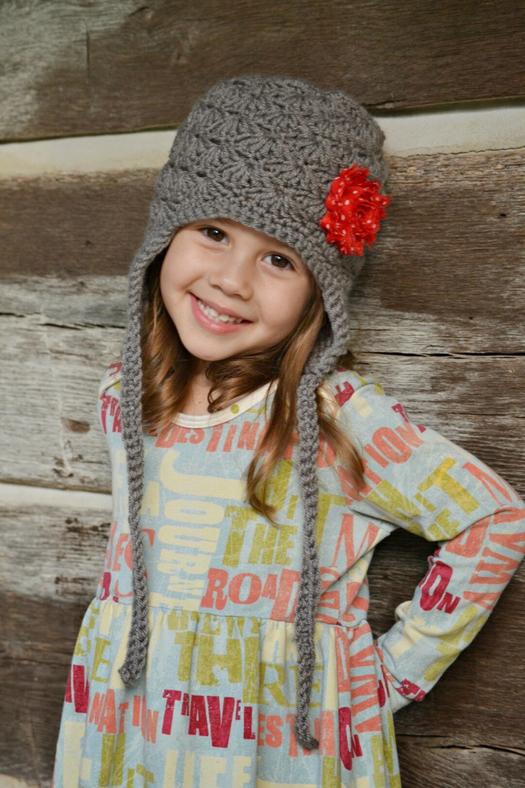 Girls Hat | Earflap Hat | Crocheted Flower Hat | Grey Gray Hat With ...