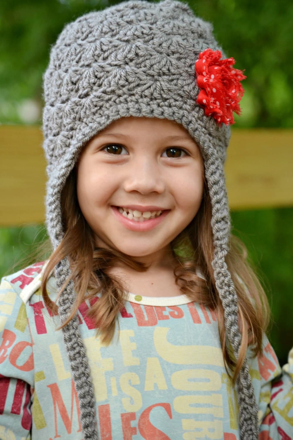 Girls Hat | Earflap Hat | Crocheted Flower Hat | Grey Gray Hat With ...