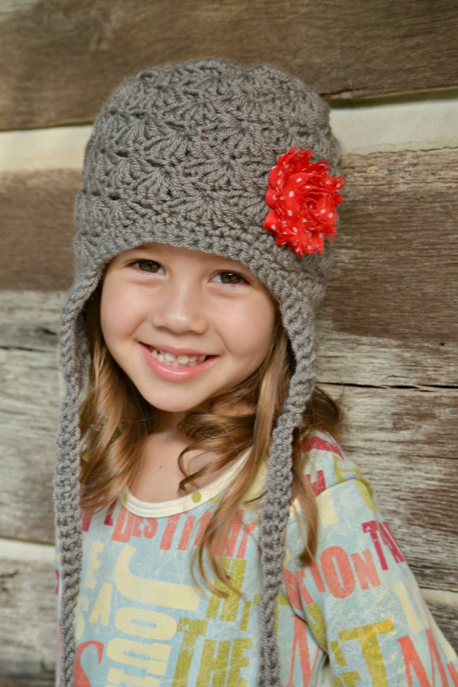 Girls Hat Earflap Hat Crocheted Flower Hat Grey Gray Hat - Etsy