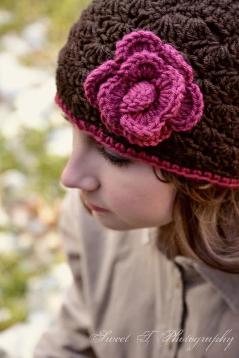 Womans Crochet Hat, Teen Hat With Flower, Warm Cozy Shell Beanie, Child ...