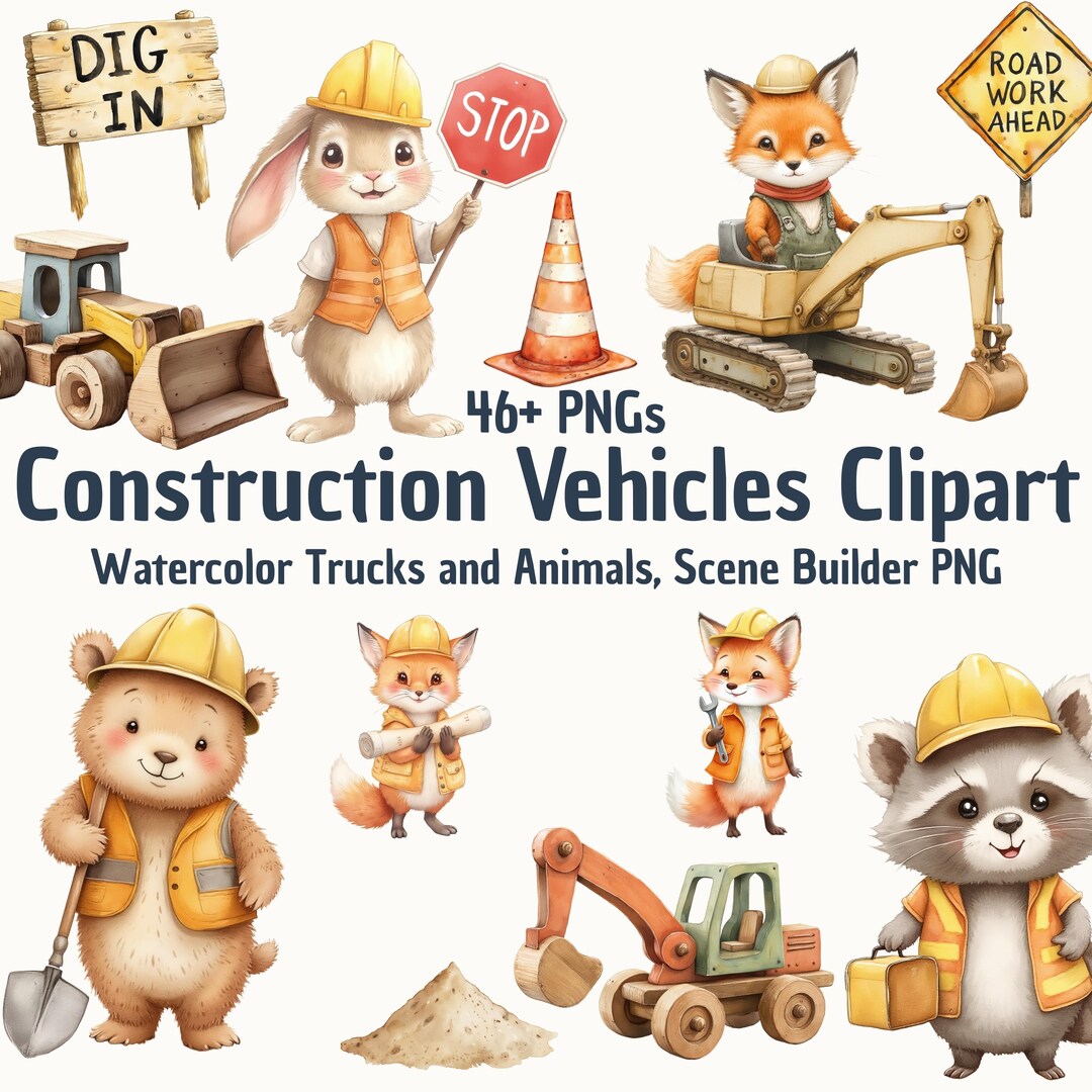 Construction Vehicles Clipart – Watercolor Trucks & Scene Builder PNG ...