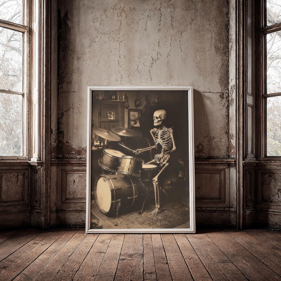 Skeleton Drummer Print 2: Goth Horror Home Decor, Dark Academia Art ...