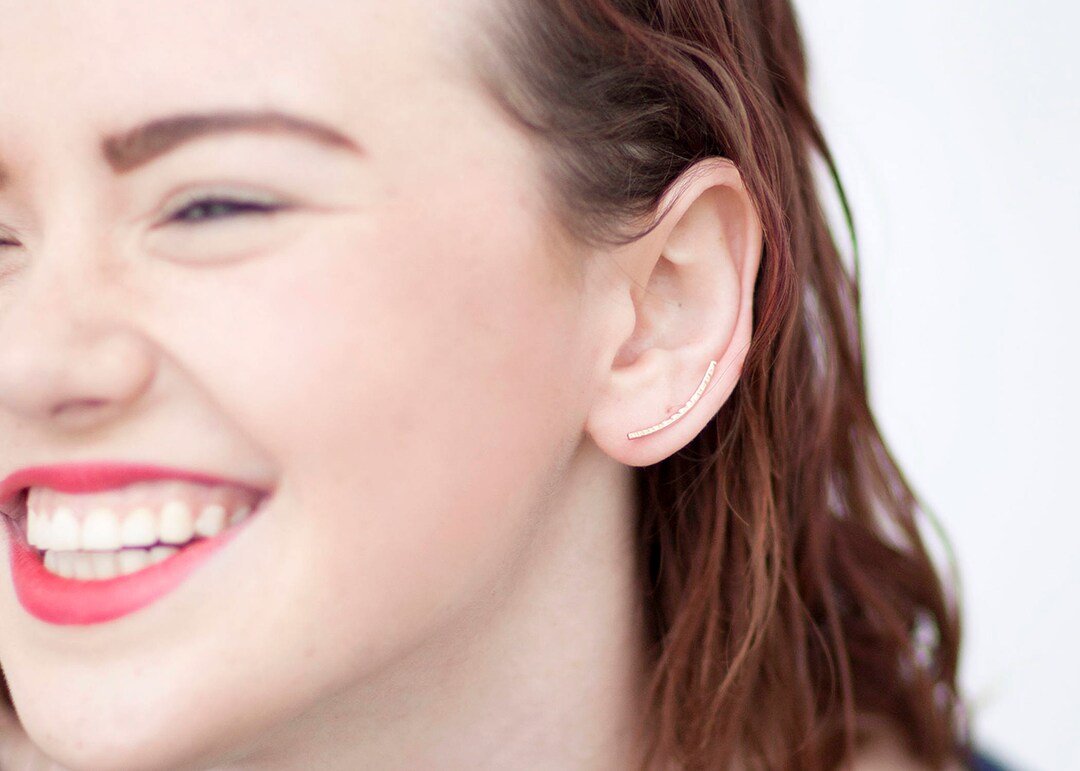 Gold Curved Ear Pins Ear Climbers Hammered Ear Cuffs Curved Line ...