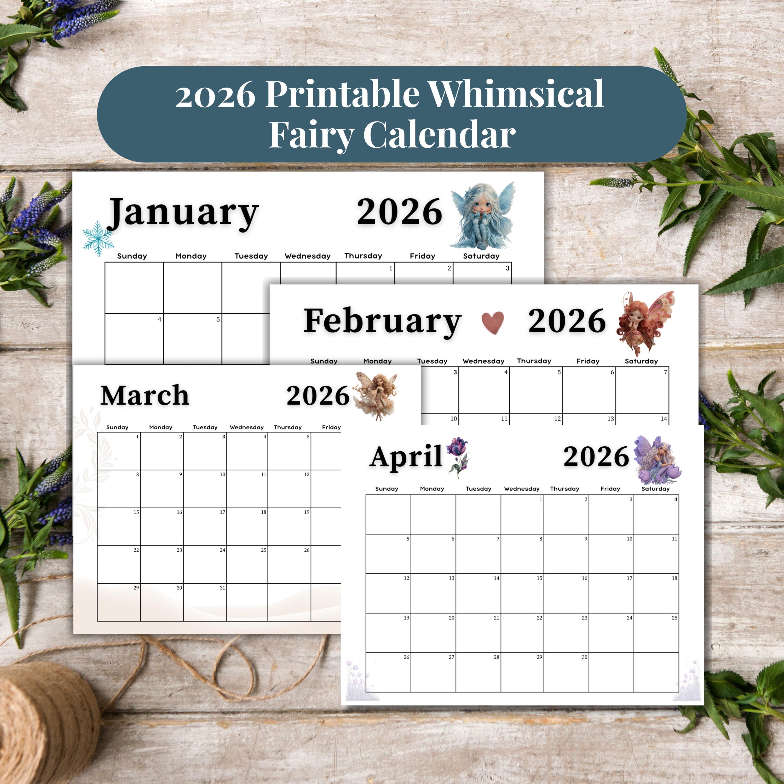 2026 Calendar, Fairy Calendar, Printable Whimsical Calendar, Fairy Art ...