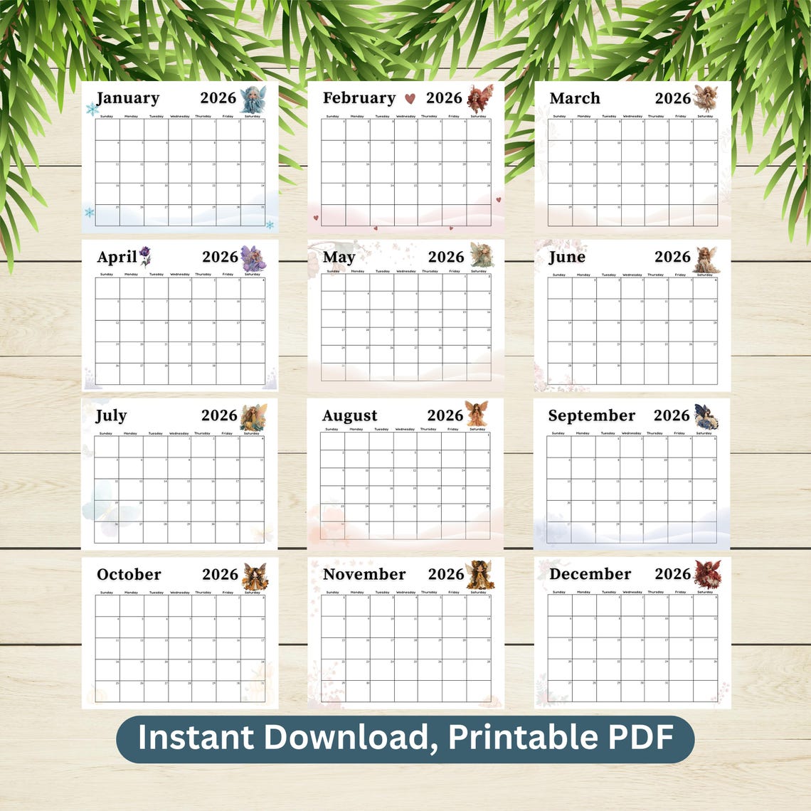 2026 Calendar, Fairy Calendar, Printable Whimsical Calendar, Fairy Art ...