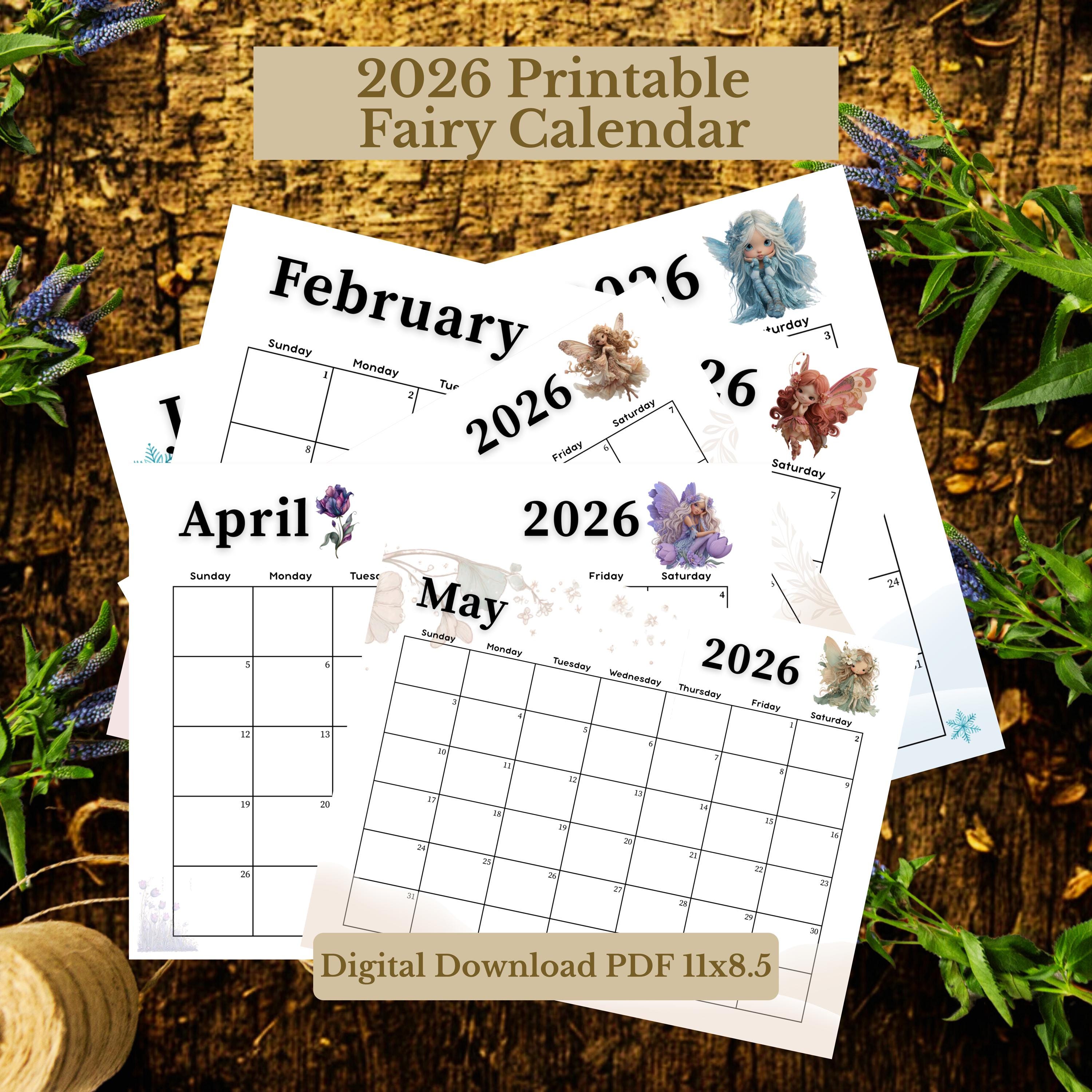 2026 Calendar, Fairy Calendar, Printable Whimsical Calendar, Fairy Art ...