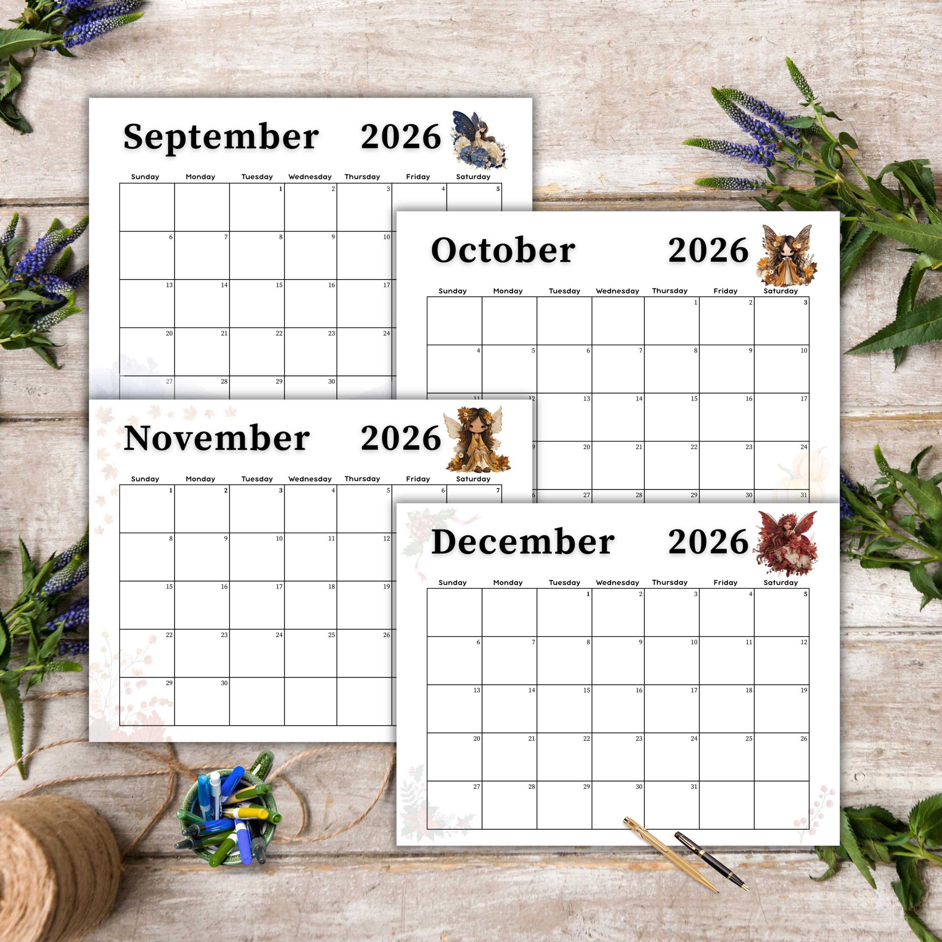 2026 Calendar, Fairy Calendar, Printable Whimsical Calendar, Fairy Art ...