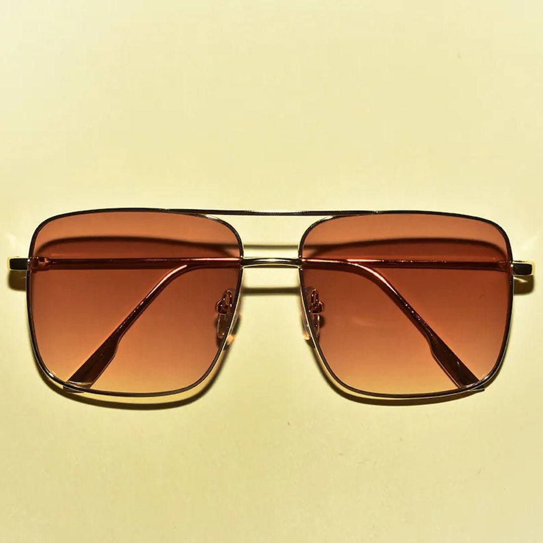 1970s Style Gold Rim Double Bridge Aviator Translucent Hue Square Lens ...