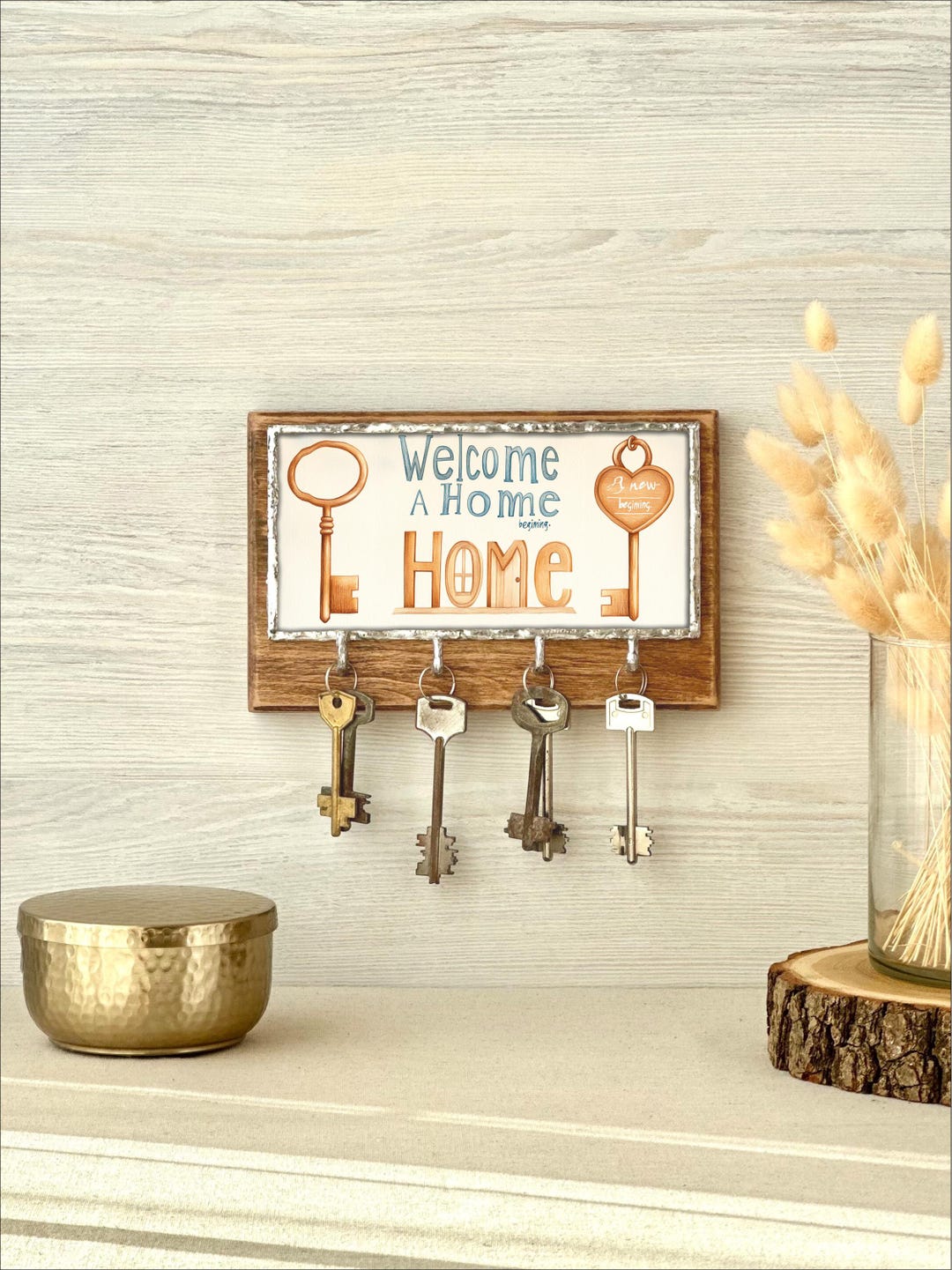 Welcome Home Wall Key Holder, Wooden Entryway Rack, 4 Hooks - Etsy