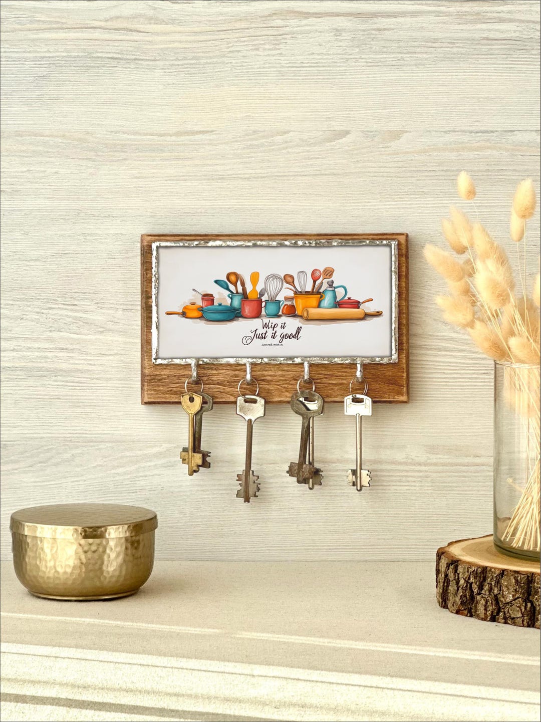 Kitchen Key Holder for Wall, Wooden Key Rack With Cooking Utensils, 4 ...