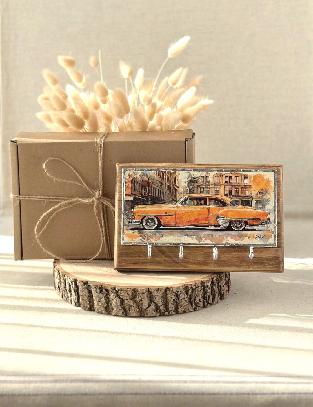 Vintage Car Key Rack – Rustic Wooden Wall Organizer With Metal Hooks ...