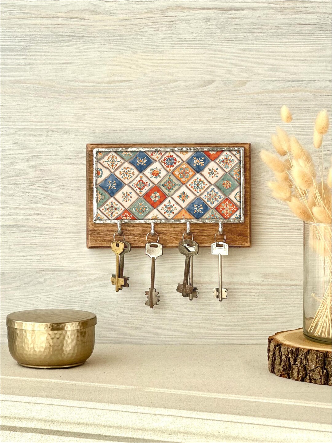 Mediterranean Tile Wall Key Holder, Colorful Wooden Rack, Housewarming ...