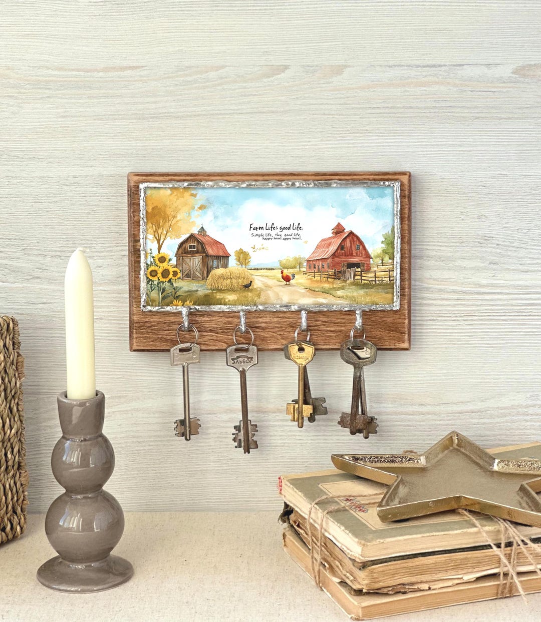 Farmhouse Key Holder for Wall, Rustic Wooden Key Rack With Barn ...