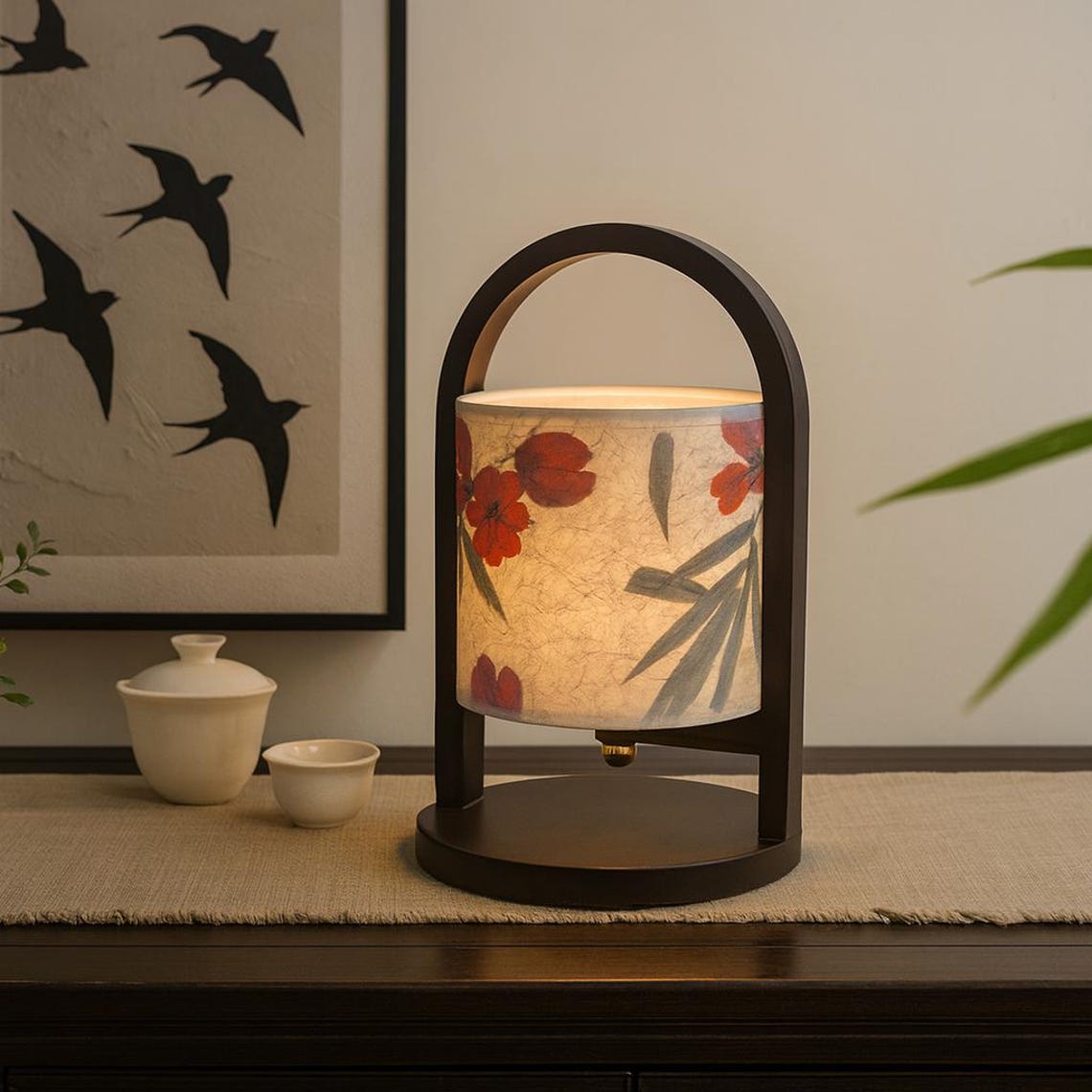 Handcrafted Chinese Pressed Flower Table Lamp, Wood Base, Touch Control ...
