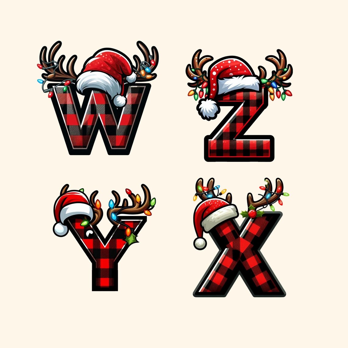 Christmas Plaid Alphabet Letters: Santa Hat, Reindeer Antler Clipart ...