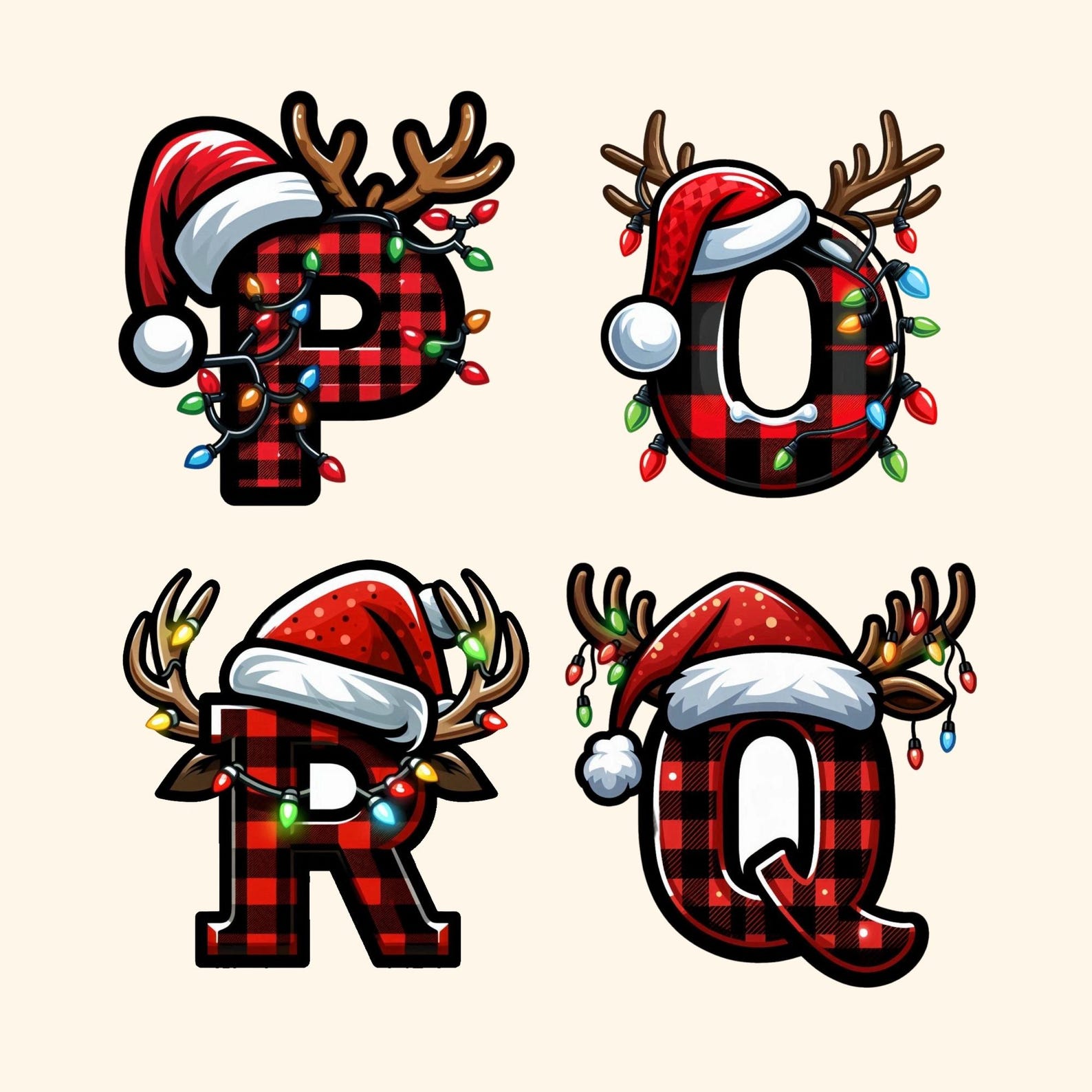 Christmas Plaid Alphabet Letters: Santa Hat, Reindeer Antler Clipart ...