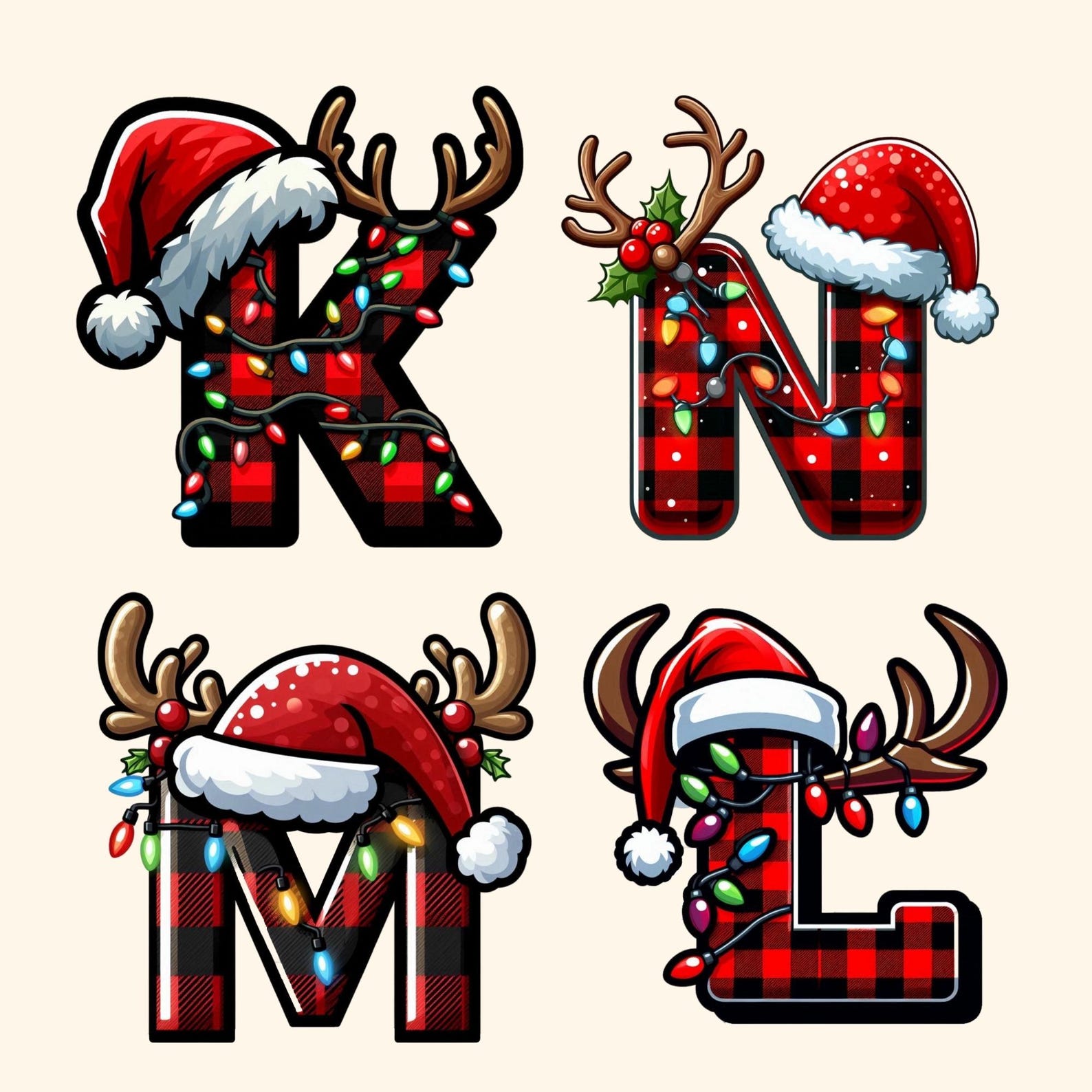 Christmas Plaid Alphabet Letters: Santa Hat, Reindeer Antler Clipart ...