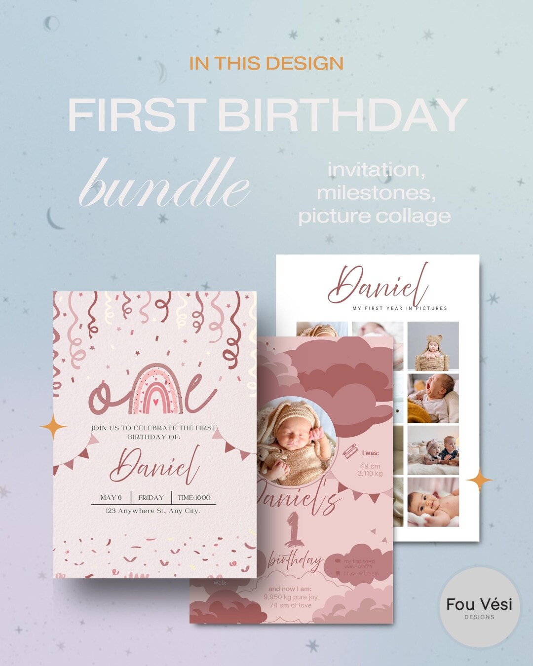 1st Birthday Bundle | Dusty Pink | Canva Templates | Milestone Poster ...