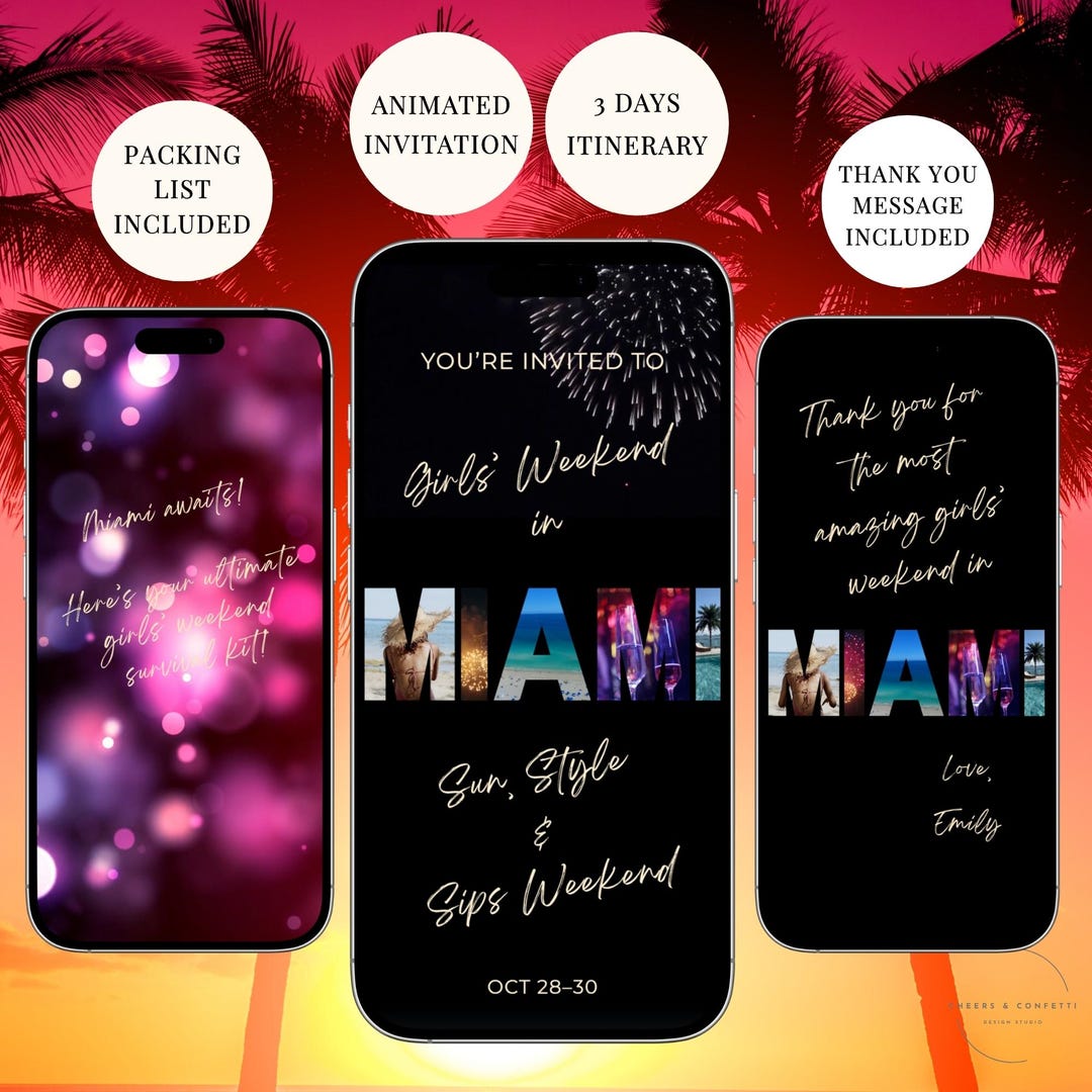 Miami Animated Girls Trip Itinerary Invite Canva Template + Thank You ...