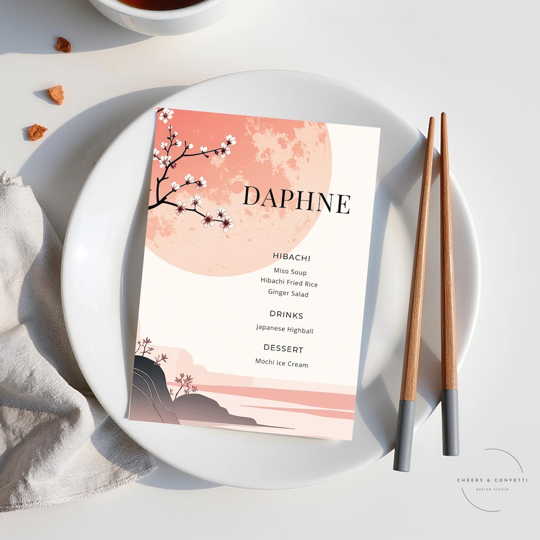 Hibachi Menu Template + Place Card, Pink Editable Japanese Dinner Party ...