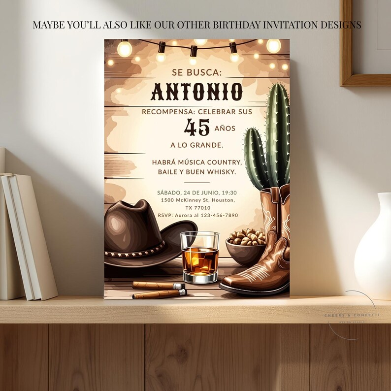 Spanish Mexican Cowboy Adult Man Invitation, Cactus Rustic Wood ...