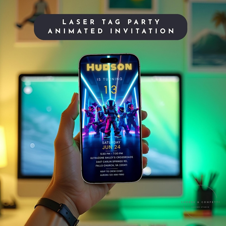 Animated Laser Tag Birthday Invitation: Neon Glow Phone Template ...