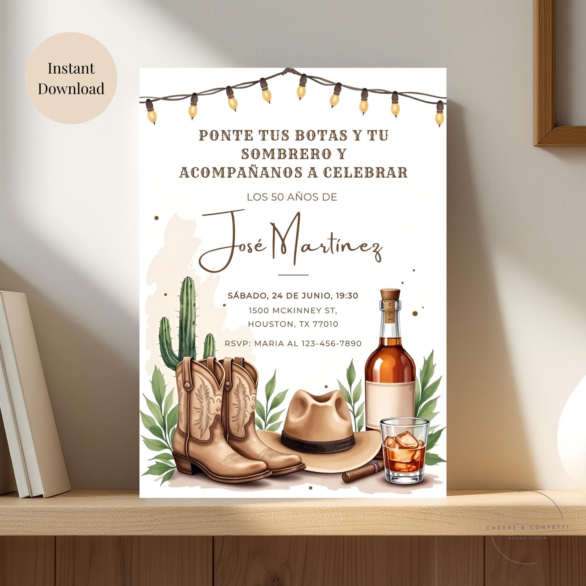 Spanish Mexican Cowboy Adult Man Invitation, Cactus Rustic Wood ...