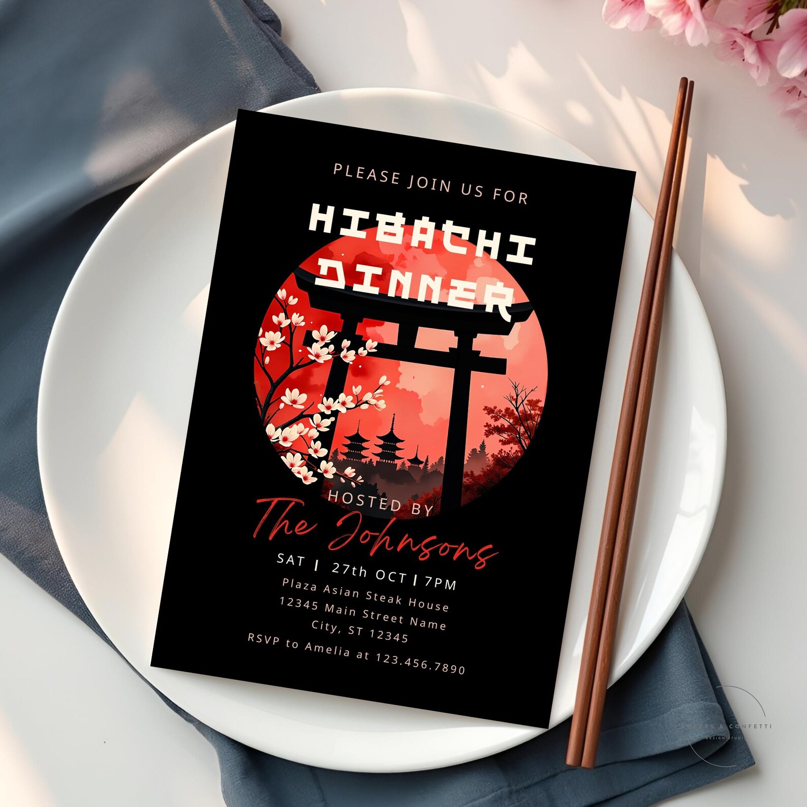Hibachi Birthday Invitation, Japanese Theme, Torii Gate, Cherry Blossom ...