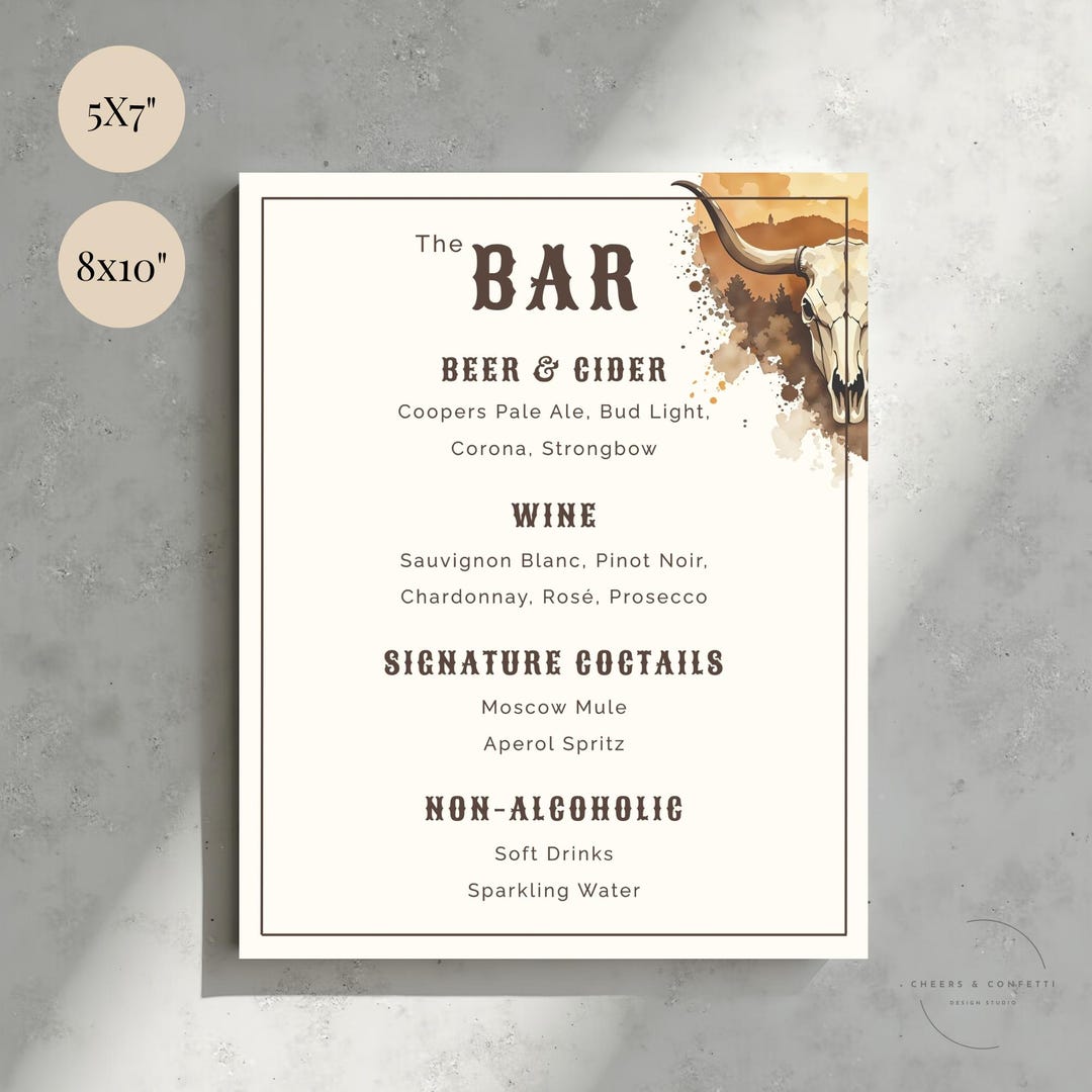 Cowboy Menu Bar Sign, Drink Menu Template Cowboy, Editable Western ...
