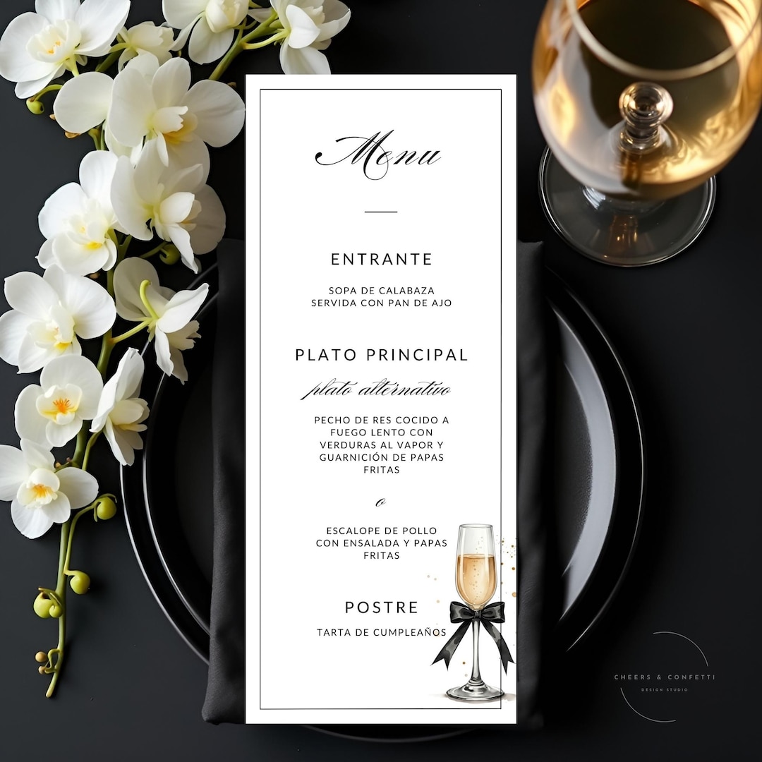 Spanish Champagne Menu Template, Editable Birthday Dinner Menu Card ...