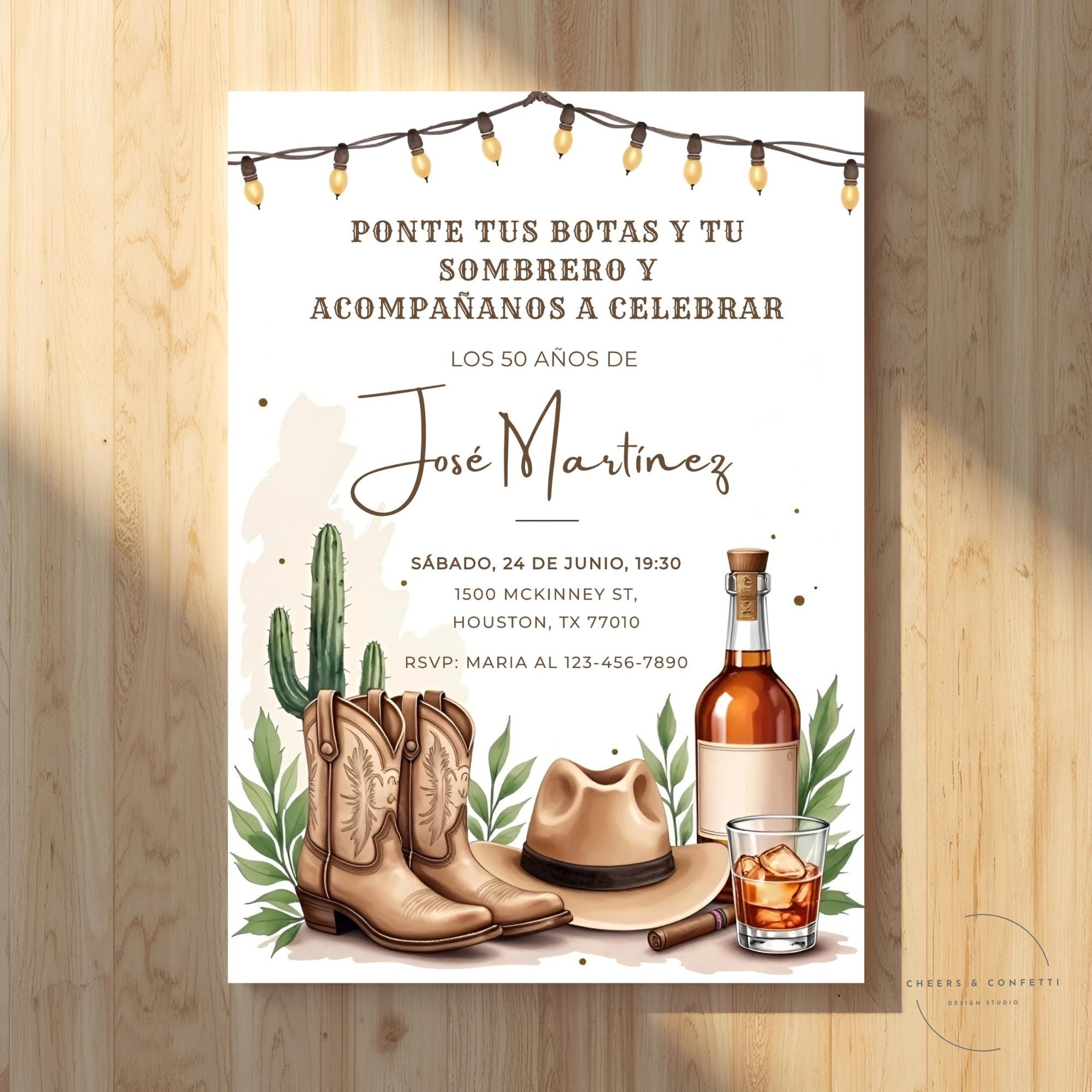 Spanish Mexican Cowboy Adult Man Invitation, Cactus Rustic Wood ...