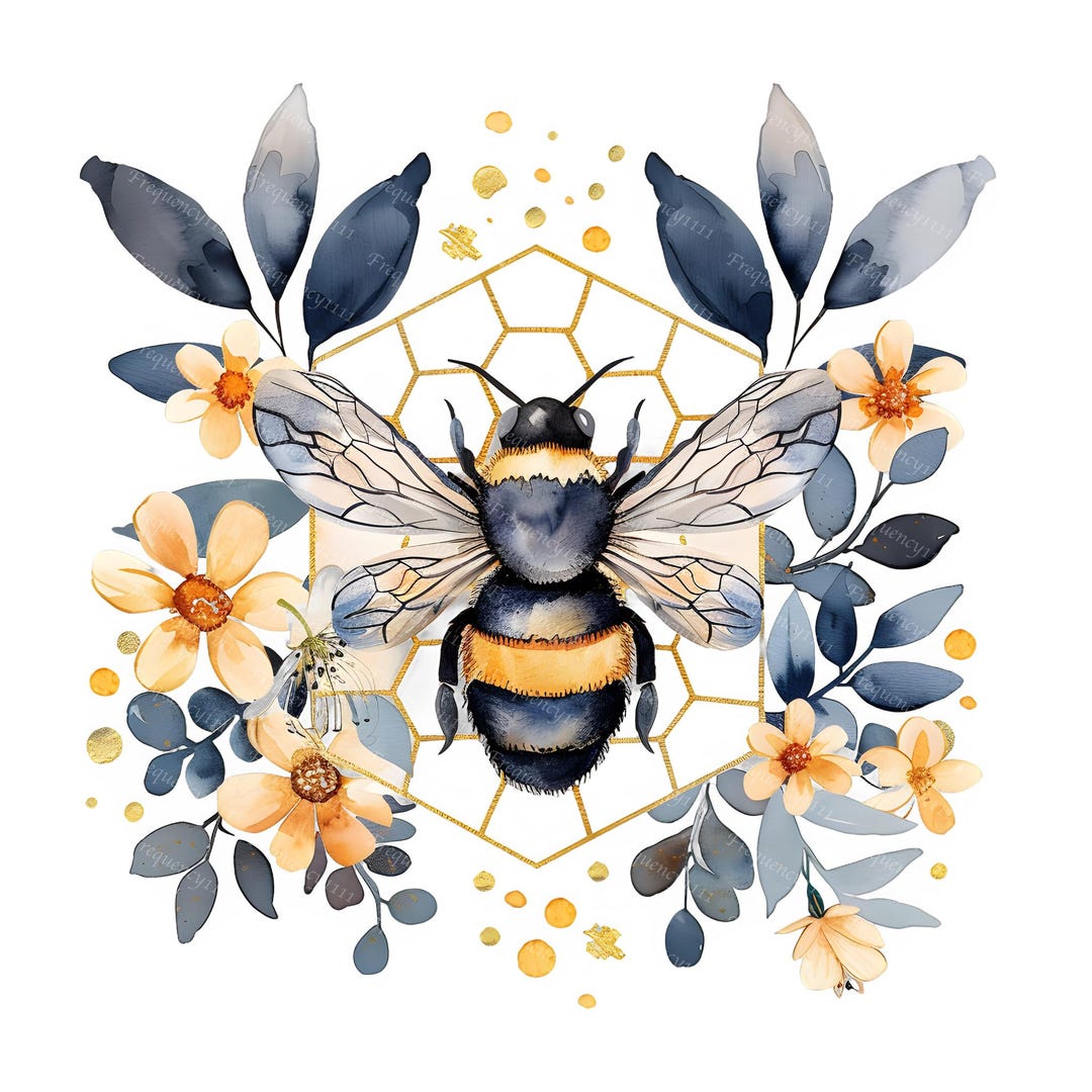 Watercolor Bee Clipart Bundle, 24 Bumblebee and Floral Pngs, Honey Bee ...