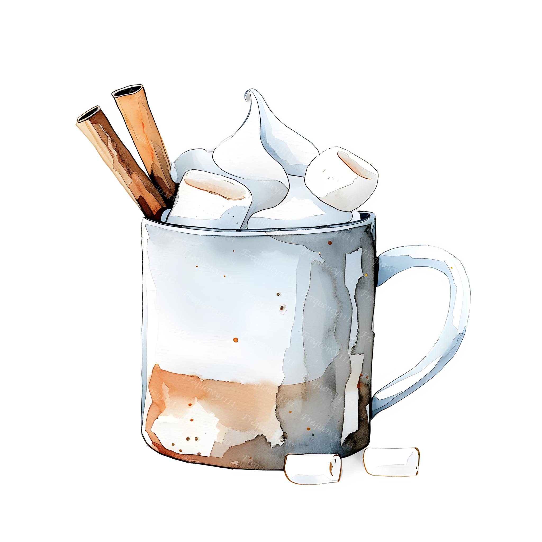 Hot Cocoa Mug Clipart Set, 24 Pngs, Watercolor Marshmallow & Cinnamon ...