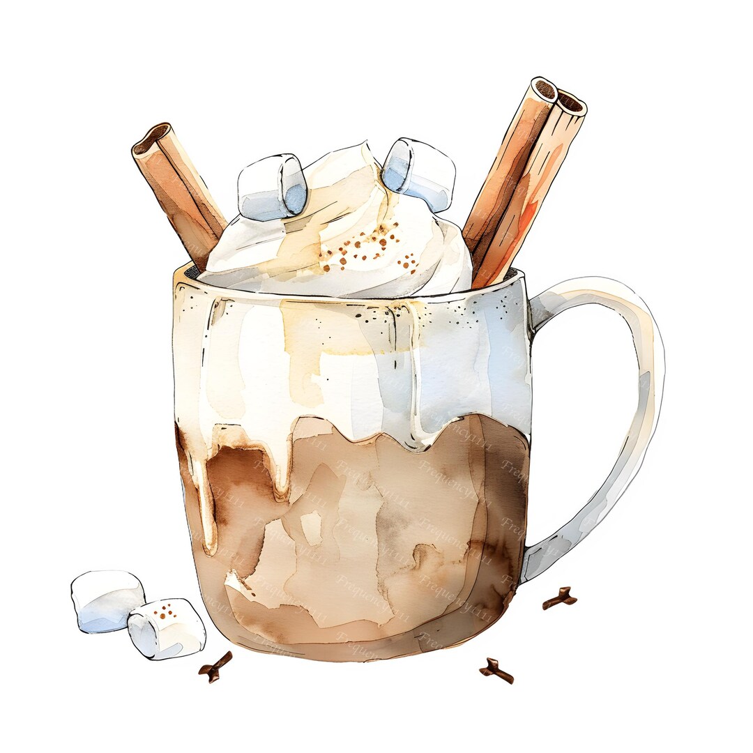 Hot Cocoa Mug Clipart Set, 24 Pngs, Watercolor Marshmallow & Cinnamon ...