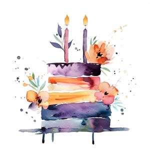 Watercolor Birthday Cake Clipart, 24 PNG Images, Floral Cake ...