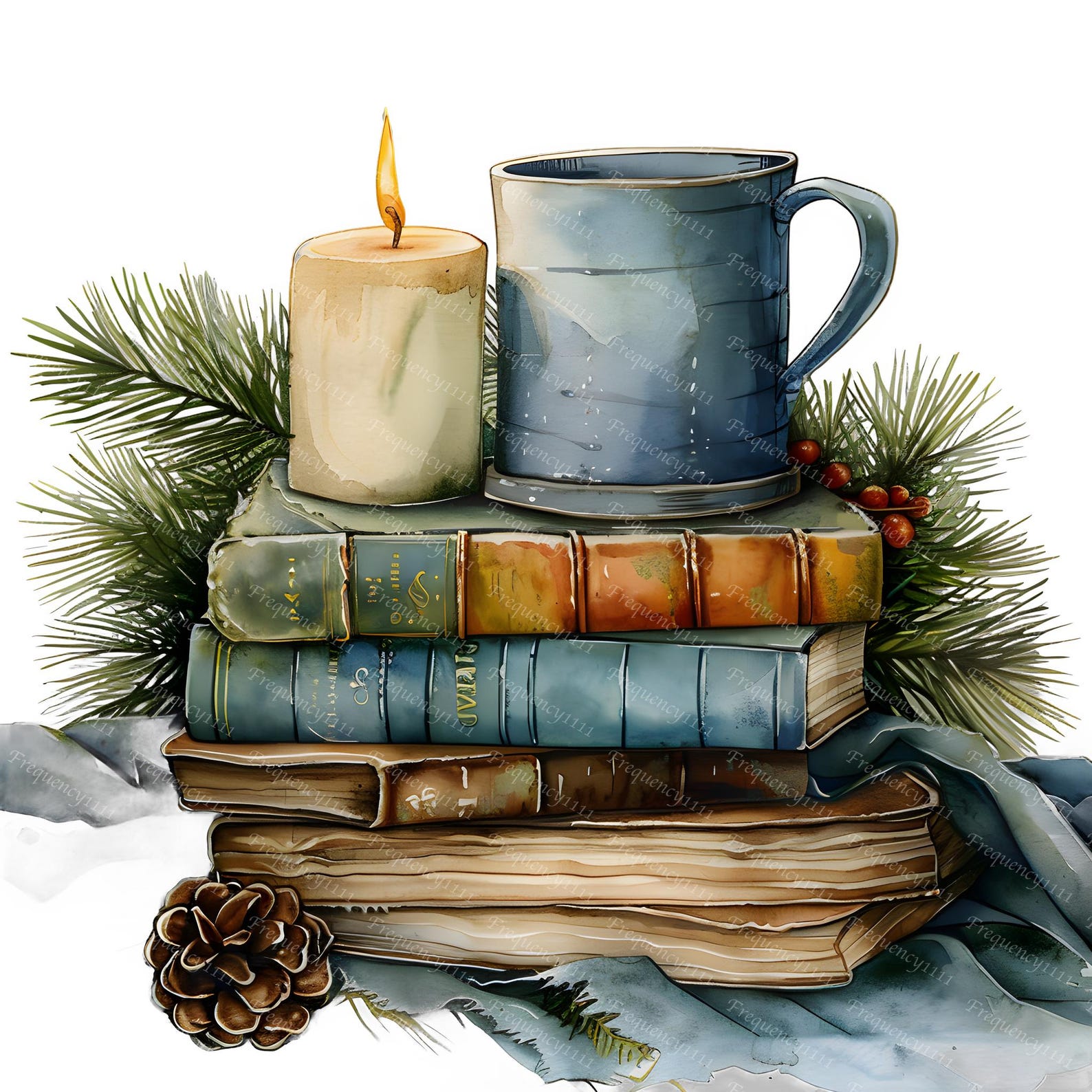 Watercolor Cozy Book Clipart Set, 16 PNG Vintage Books With Candle and ...