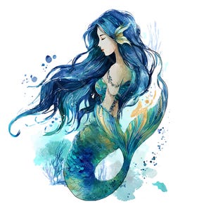 Watercolor Mermaid Clipart Bundle, 11 PNG Fantasy Ocean Art, Digital ...