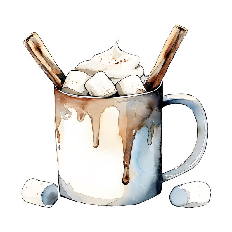 Hot Cocoa Mug Clipart Set, 24 Pngs, Watercolor Marshmallow & Cinnamon ...