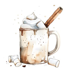 Hot Cocoa Mug Clipart Set, 24 Pngs, Watercolor Marshmallow & Cinnamon ...