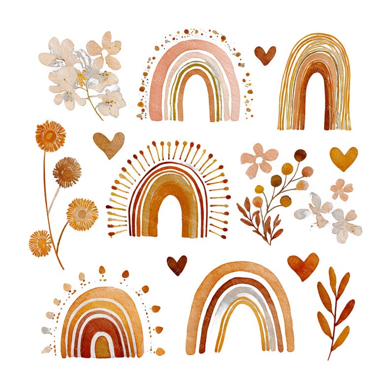 Boho Rainbow Watercolor Clipart, 10 PNG Floral Rainbow Illustrations ...
