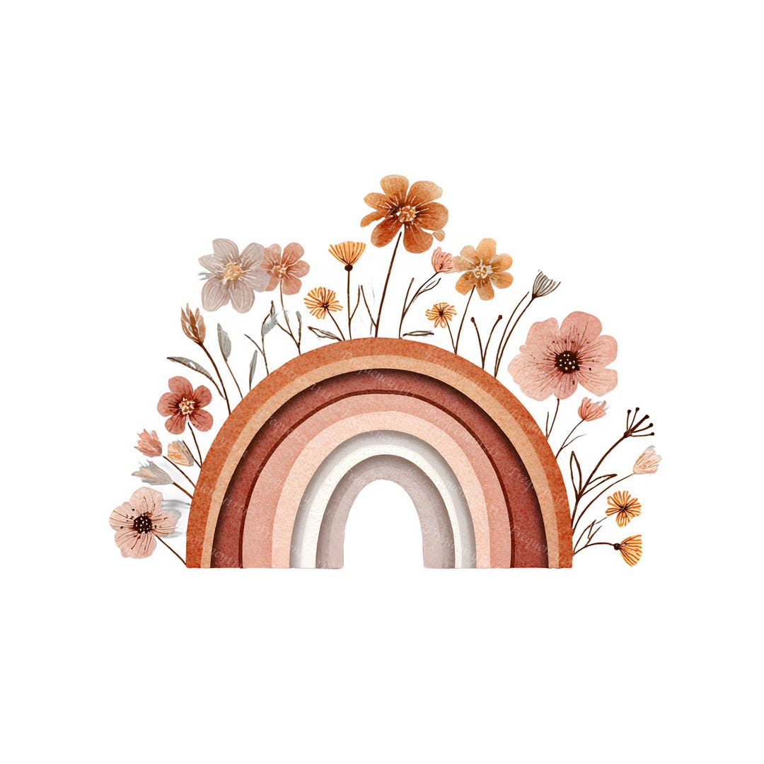 Boho Rainbow Watercolor Clipart, 10 PNG Floral Rainbow Illustrations ...