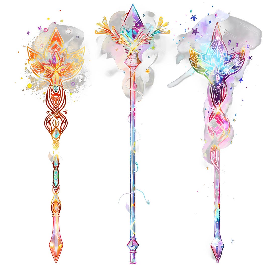 Magic Crystal Staff Clipart Set, Fantasy Wand Pngs, Watercolor Magical ...