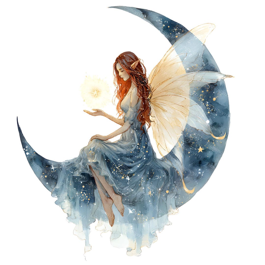 Ginger Fairy Clipart Set, 10 Watercolor Moon Fairy Pngs, Fantasy ...