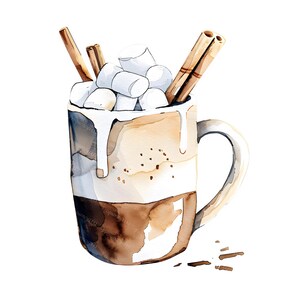 Hot Cocoa Mug Clipart Set, 24 Pngs, Watercolor Marshmallow & Cinnamon ...