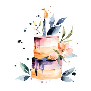 Watercolor Birthday Cake Clipart, 24 PNG Images, Floral Cake ...